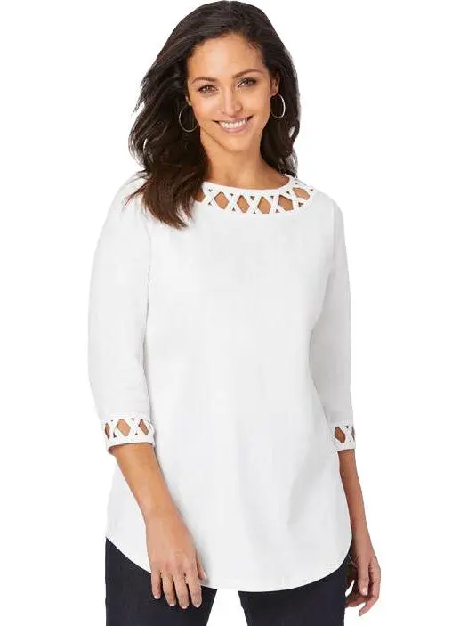 JESSICA LONDON Stretch Cotton Lattice Boatneck Tunic - White