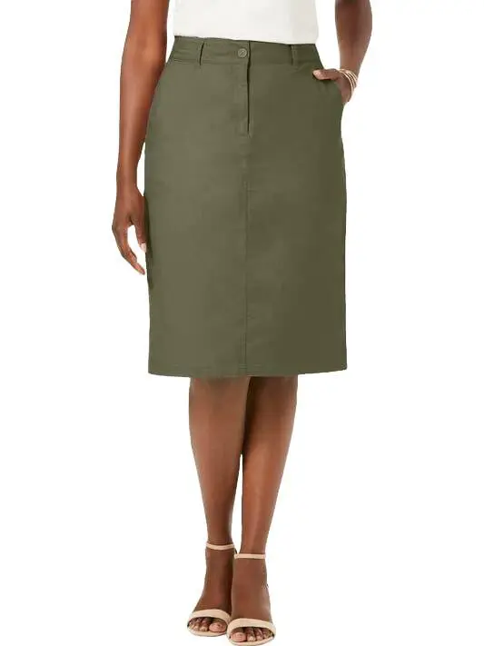 JESSICA LONDON Stretch Cotton Chino Skirt - Dark Olive Green
