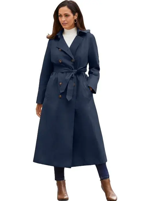JESSICA LONDON Double Breasted Long Trench Raincoat With Detachable Hood - Navy