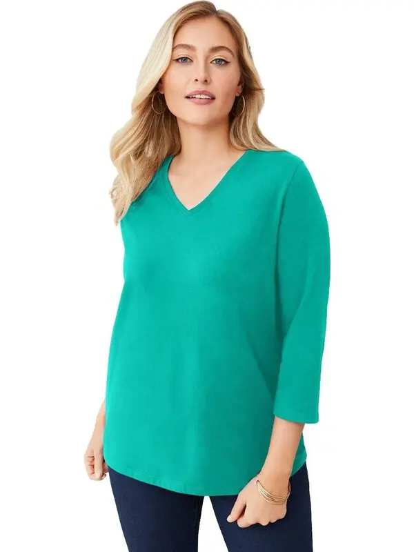 JESSICA LONDON Stretch Cotton V-neck Tee - Aqua Sea