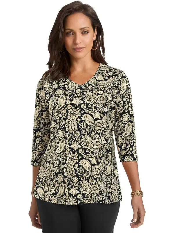 JESSICA LONDON Stretch Cotton V-neck Tee - Black Bold Paisley