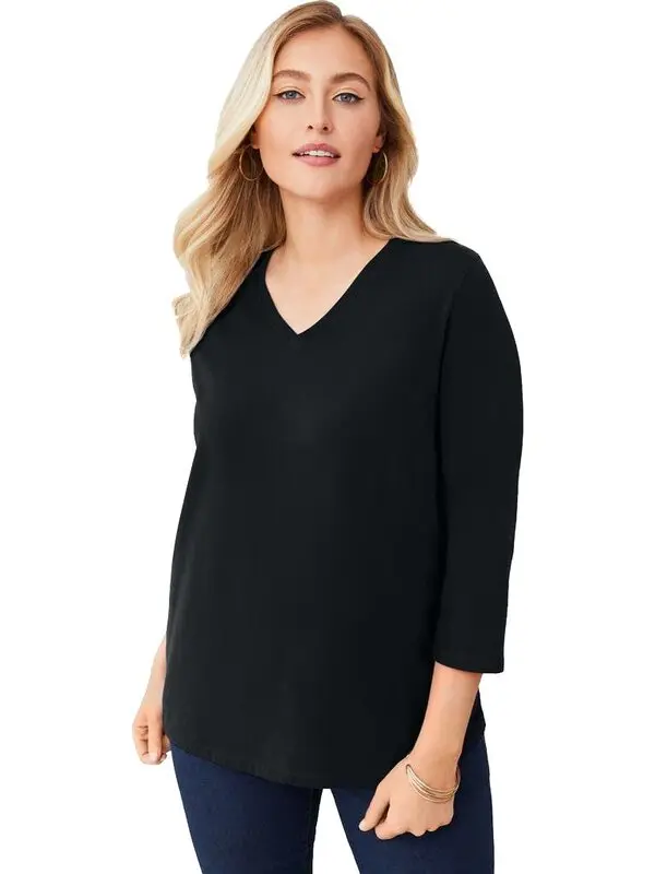 JESSICA LONDON Stretch Cotton V-neck Tee - Black