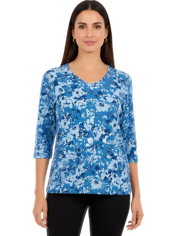 JESSICA LONDON Stretch Cotton V-neck Tee - Blue Pretty Floral