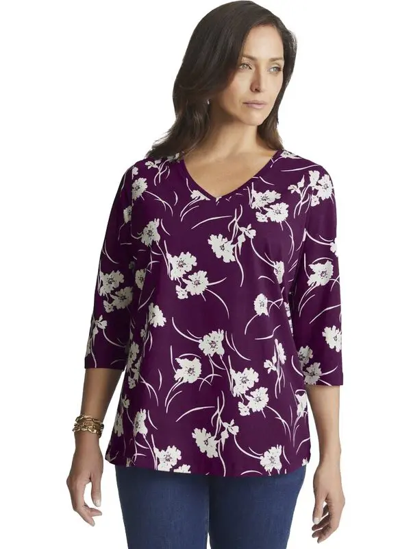 JESSICA LONDON Stretch Cotton V-neck Tee - Dark Berry Tossed Floral