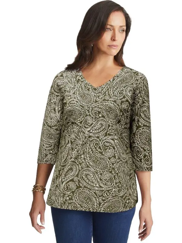 JESSICA LONDON Stretch Cotton V-neck Tee - Dark Olive Delicate Paisley