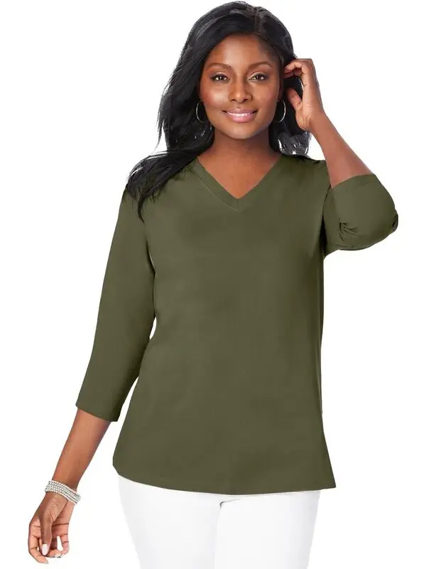 JESSICA LONDON Stretch Cotton V-neck Tee - Dark Olive Green