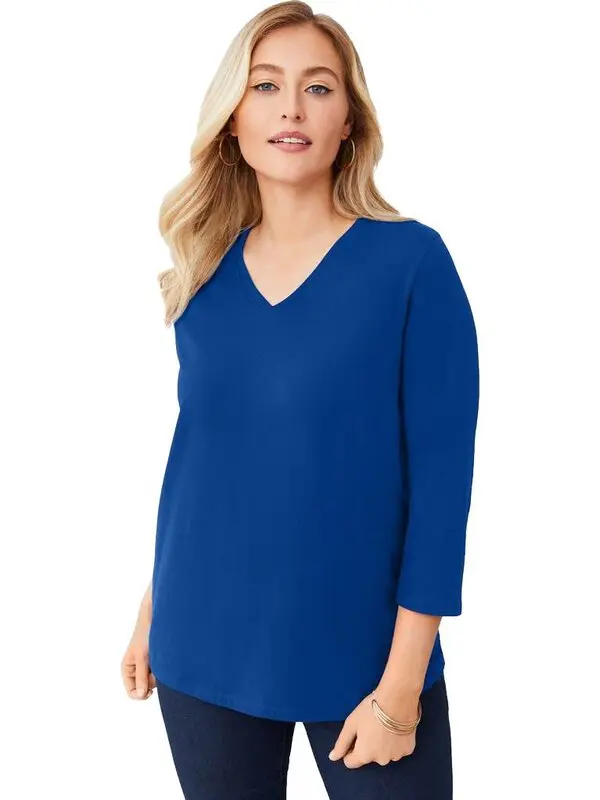 JESSICA LONDON Stretch Cotton V-neck Tee - Dark Sapphire
