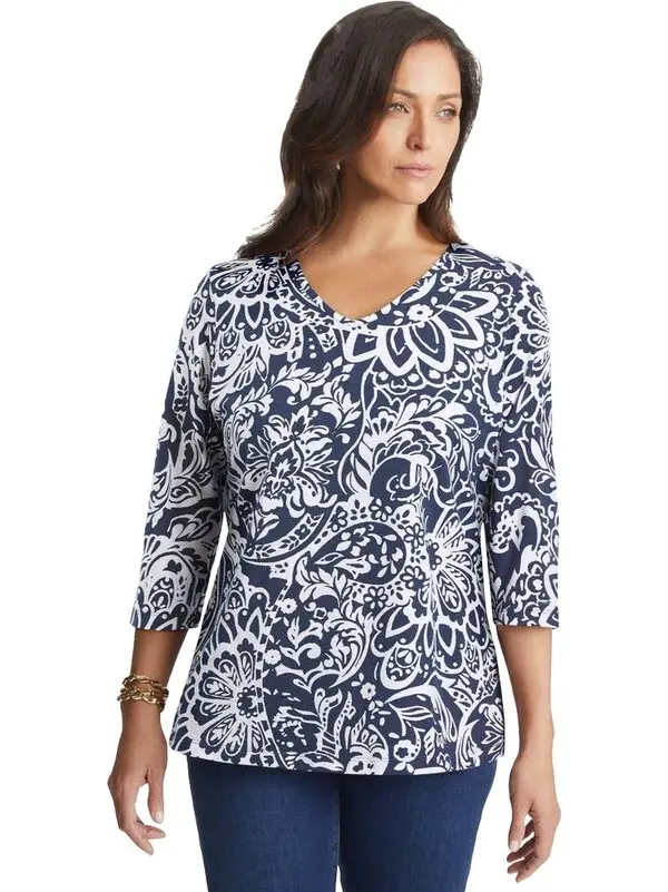 JESSICA LONDON Stretch Cotton V-neck Tee - Navy Scroll Medallion