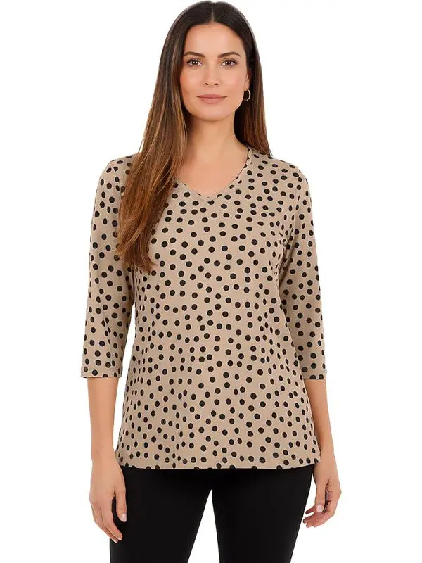 JESSICA LONDON Stretch Cotton V-neck Tee - New Khaki Black Dot