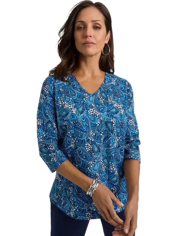 JESSICA LONDON Stretch Cotton V-neck Tee - Pool Blue Garden Paisley