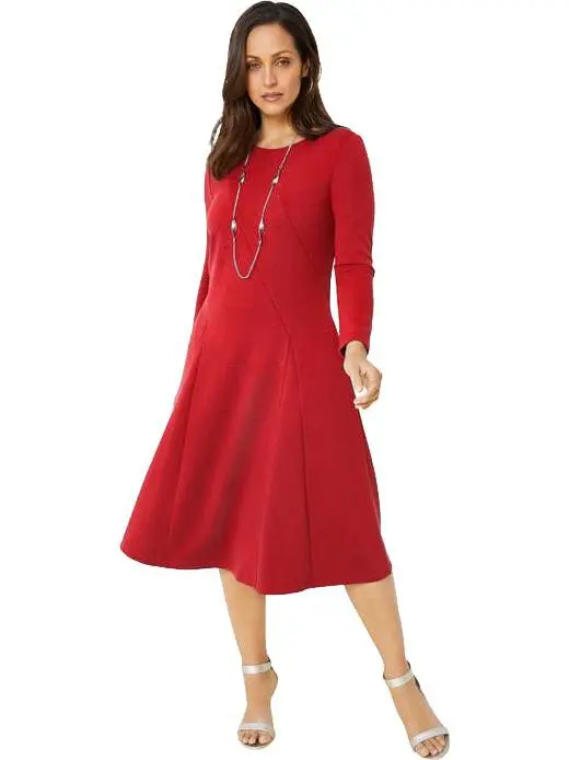 JESSICA LONDON Long Sleeve Stretch Ponte Fit-and-flare Dress - Classic Red