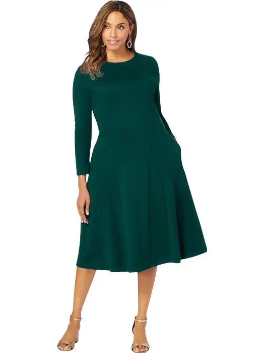 JESSICA LONDON Long Sleeve Stretch Ponte Fit-and-flare Dress - Emerald Green