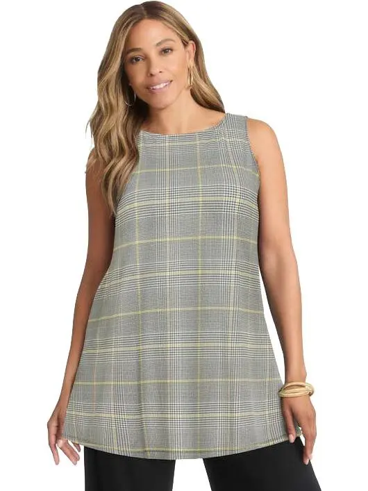 JESSICA LONDON Stretch Knit Tunic Tank - Black Citrus Plaid
