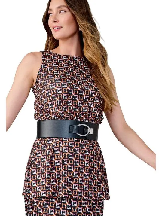 JESSICA LONDON Stretch Knit Tunic Tank - Black Multi Geo