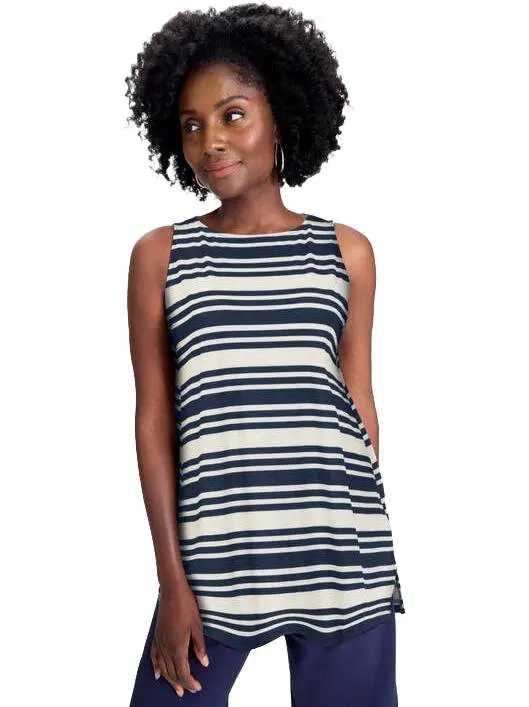 JESSICA LONDON Stretch Knit Tunic Tank - Navy Mixed Stripe