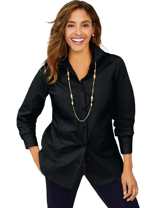 JESSICA LONDON Stretch Cotton Poplin Striped Button-down Shirt - Black