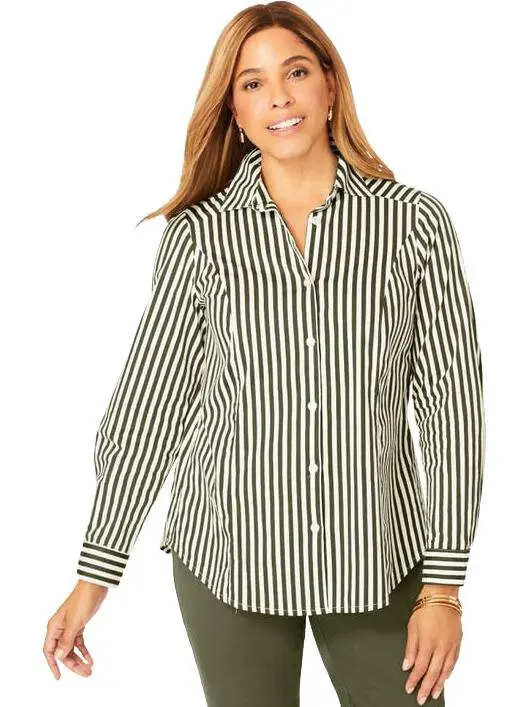 JESSICA LONDON Wrinkle-free Stretch Poplin Shirt - Dark Olive Green Feeder Stripe