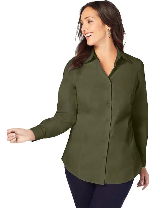 JESSICA LONDON Wrinkle-free Stretch Poplin Shirt - Dark Olive Green