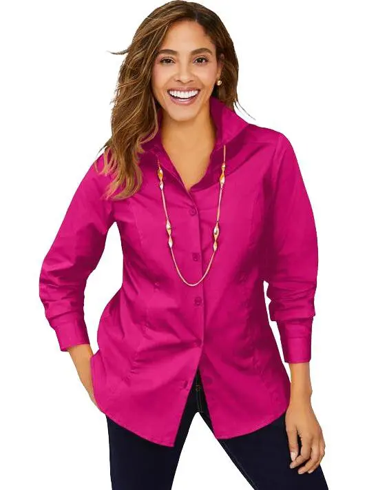 JESSICA LONDON Wrinkle-free Stretch Poplin Shirt - Fuschia