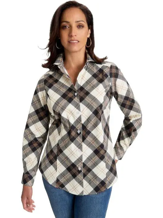 JESSICA LONDON Stretch Poplin Shirt - Ivory Gold Plaid