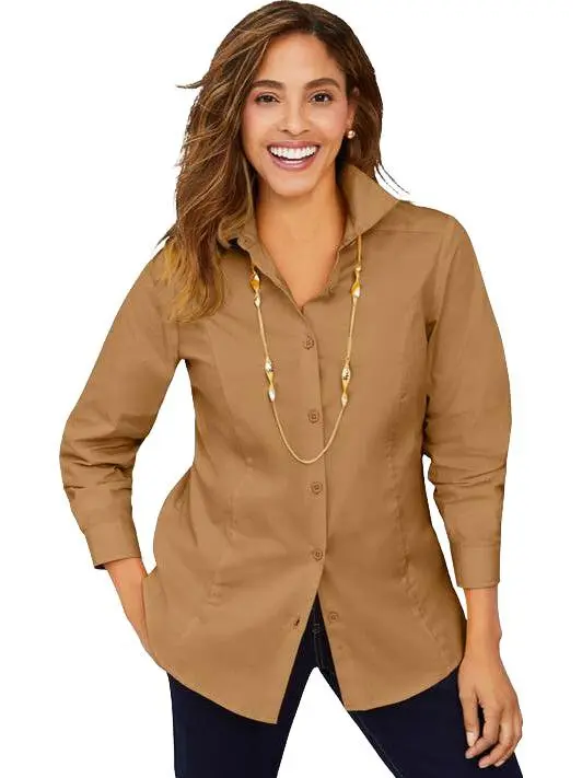JESSICA LONDON Wrinkle-free Stretch Poplin Shirt - Light Brown