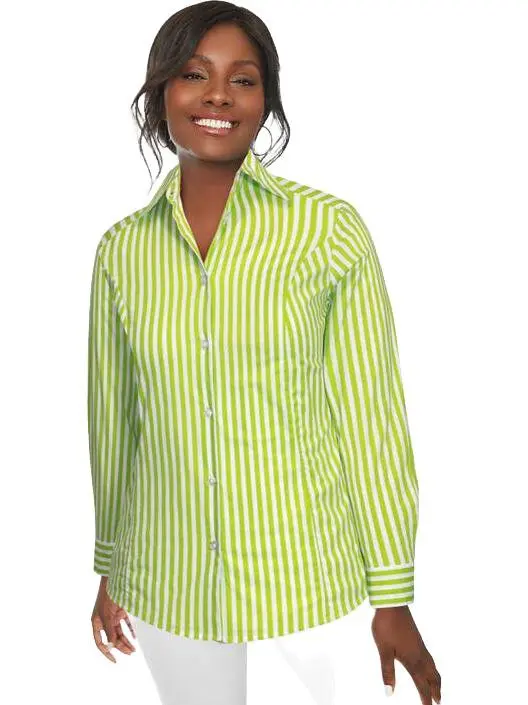 JESSICA LONDON Wrinkle-free Stretch Poplin Shirt - Lime Feeder Stripe