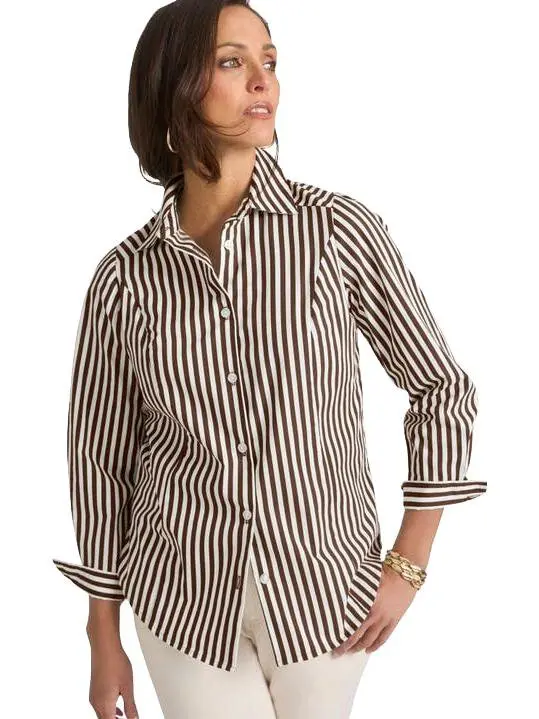 JESSICA LONDON Wrinkle-free Stretch Poplin Shirt - Rich Brown Feeder Stripe