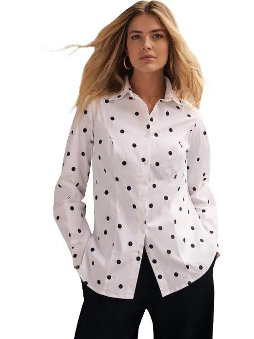 JESSICA LONDON Wrinkle-free Stretch Poplin Shirt - White Black Dot