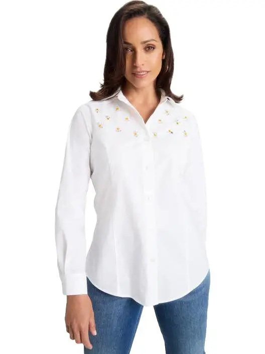 JESSICA LONDON Stretch Poplin Shirt - White Gold Jewel
