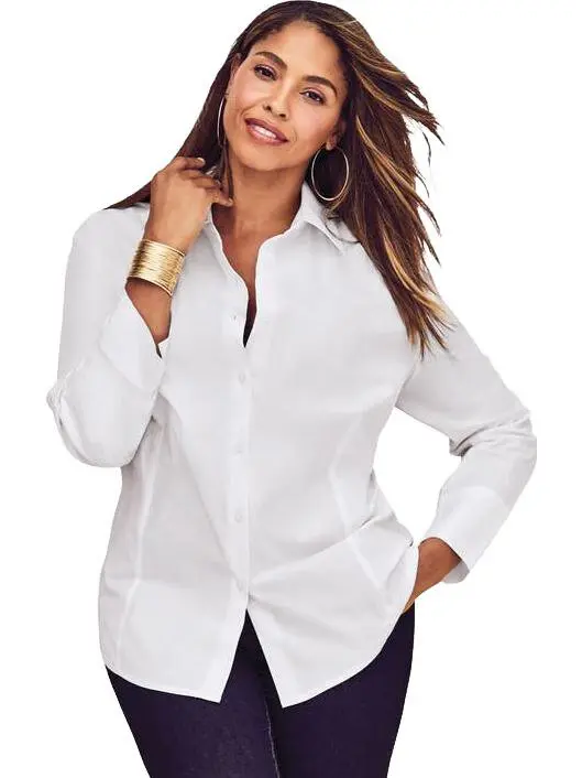 JESSICA LONDON Stretch Poplin Button-down Shirt - White