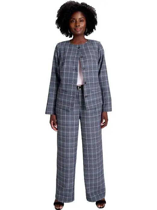 JESSICA LONDON Bi-stretch Lady Jacket - Grey Sky Stripe Plaid
