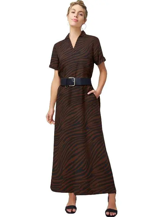 JESSICA LONDON Linen Short Sleeve Maxi Dress - Rich Brown Zebra