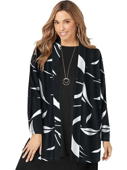 JESSICA LONDON Stretch Knit Open Front Topper - Black Abstract Petal