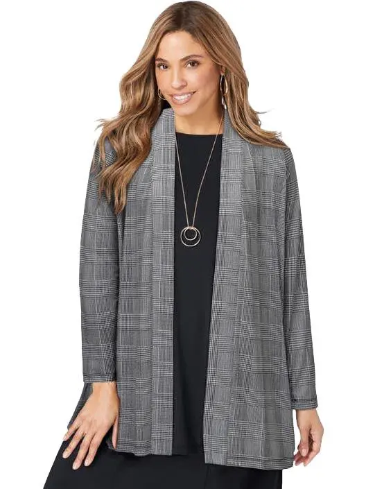 JESSICA LONDON Stretch Knit Open Front Topper - Black Ivory Glen Plaid