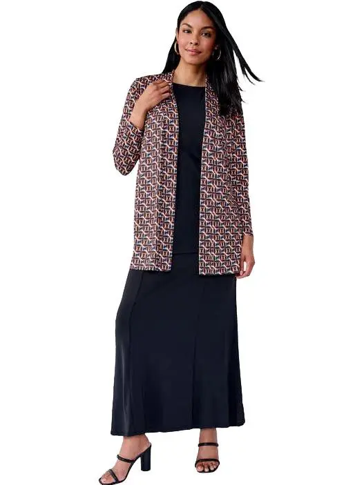 JESSICA LONDON Stretch Knit Open Front Topper - Black Multi Geo