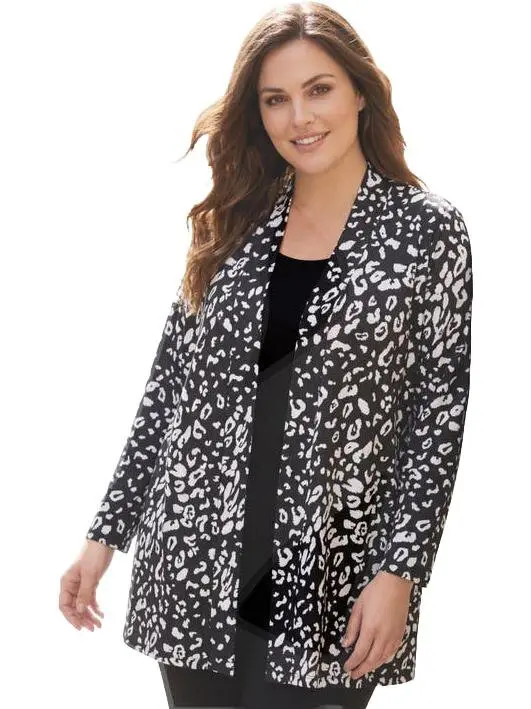 JESSICA LONDON Stretch Knit Open Front Topper - Black White Cheetah
