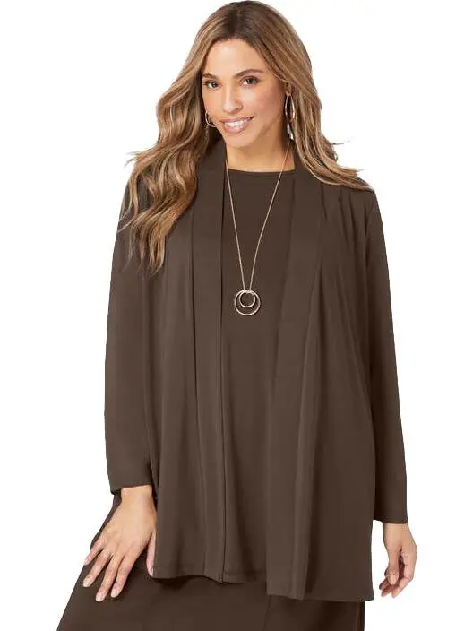 JESSICA LONDON Stretch Knit Open Front Topper - Chocolate