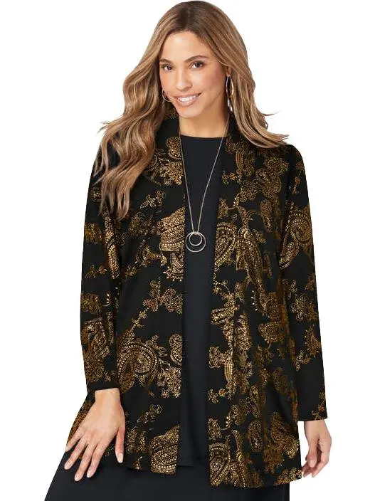 JESSICA LONDON Stretch Knit Open Front Topper - Metallic Paisley