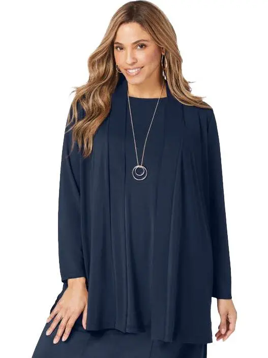 JESSICA LONDON Stretch Knit Open Front Topper - Navy