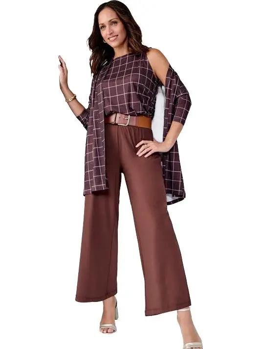 JESSICA LONDON Stretch Knit Open Front Topper - Rich Brown Stripe Plaid