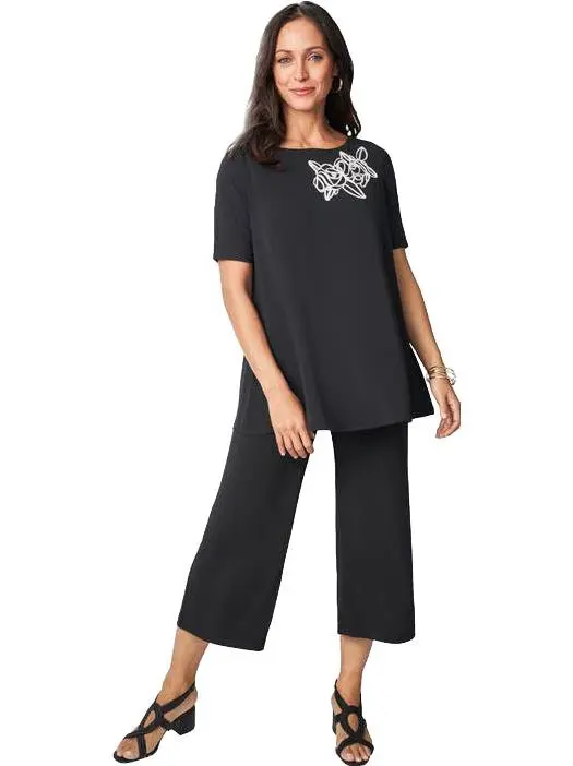 JESSICA LONDON Stretch Knit Boatneck Swing Tunic - Black Soutache Rose