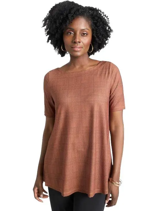 JESSICA LONDON Stretch Knit Boatneck Swing Tunic - Cognac Glen Plaid