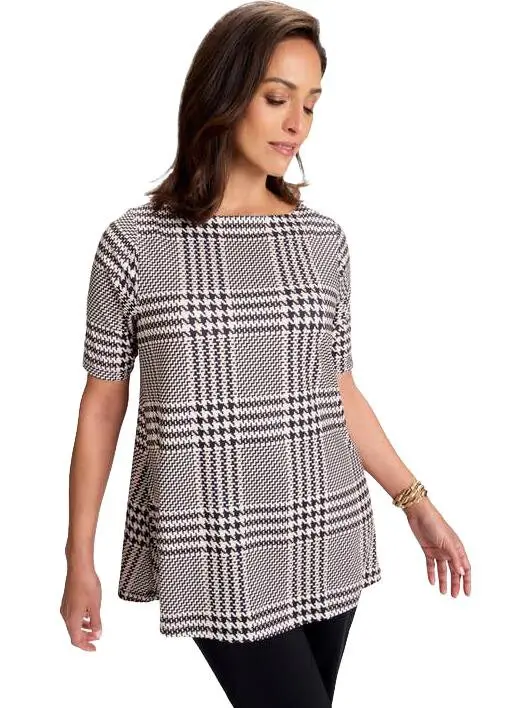 JESSICA LONDON Stretch Knit Boatneck Swing Tunic - Neutral Plaid