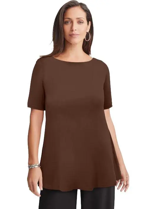 JESSICA LONDON Stretch Knit Boatneck Swing Tunic - Rich Brown