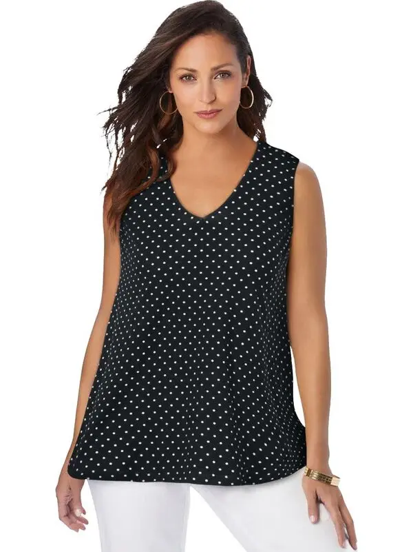 JESSICA LONDON Stretch Cotton V-neck Trapeze Tank - Black Ivory Dot