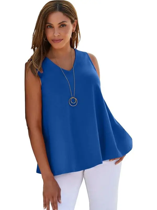 JESSICA LONDON Stretch Cotton V-neck Trapeze Tank - Blue Tropical