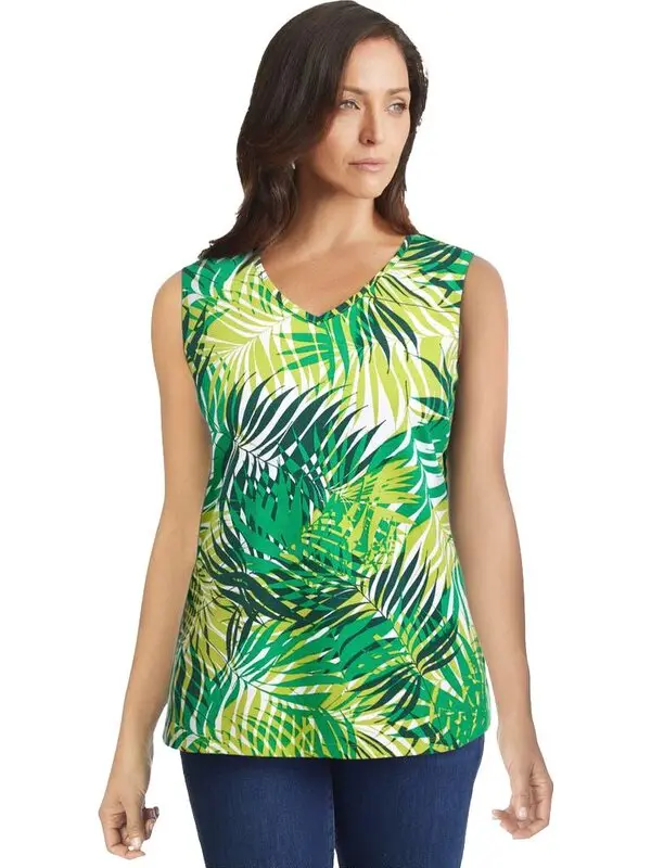 JESSICA LONDON Stretch Cotton V-neck Trapeze Tank - Green Tropical