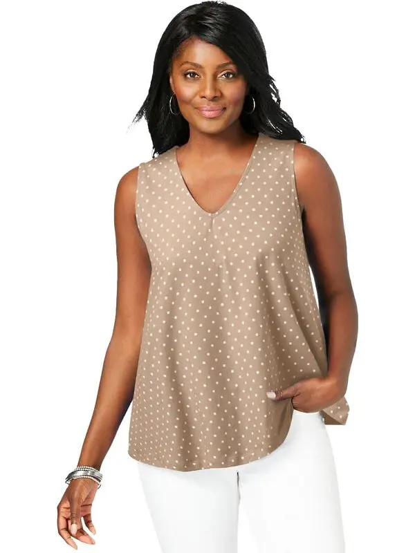 JESSICA LONDON Stretch Cotton V-neck Trapeze Tank - New Khaki Ivory Dot