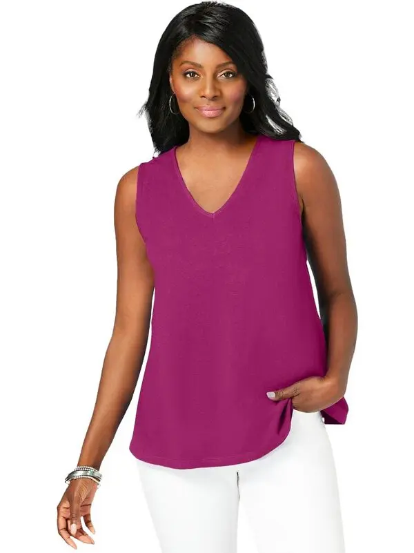 JESSICA LONDON Stretch Cotton V-neck Trapeze Tank - Raspberry