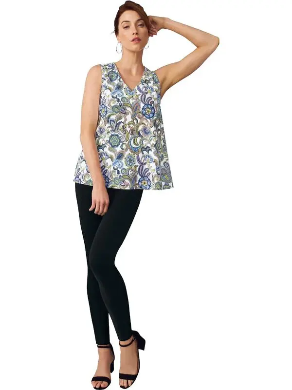 JESSICA LONDON Stretch Cotton V-neck Trapeze Tank - White Multi Paisley